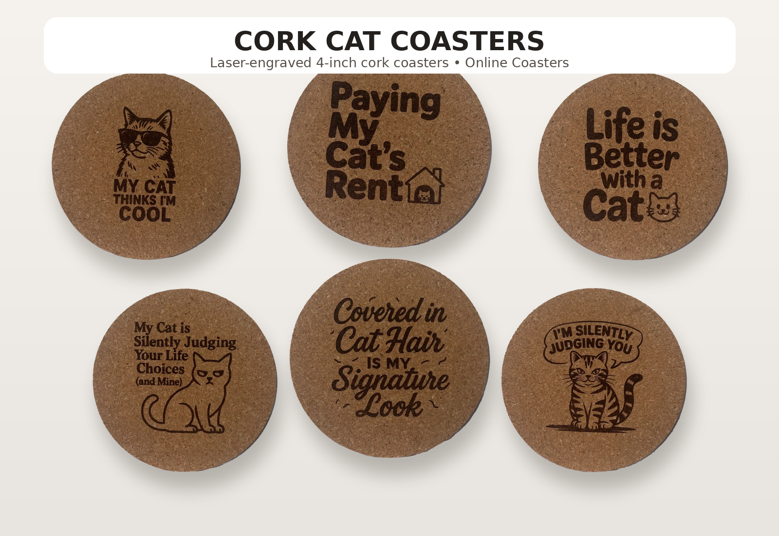 Cat Cork Coasters - Laser Engraved Feline Gifts | Online Coasters